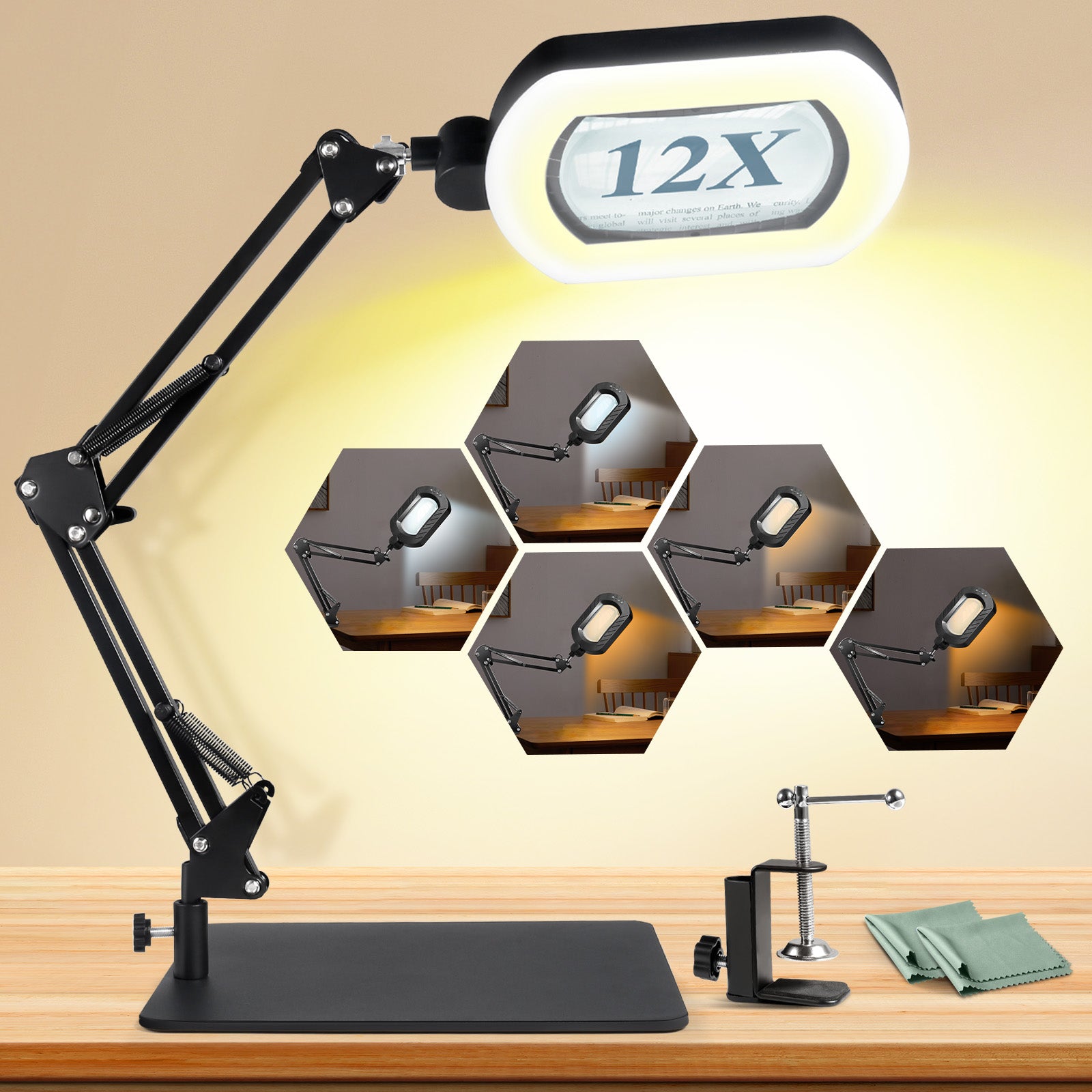 12X Square Magnifying Glass with Light and Stand with 144 LEDs Brighti ...